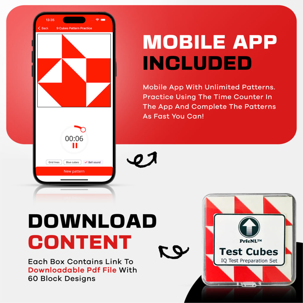 PrfcNL IQ Test Cubes in Red for WISC-V, WAIS-IV, WPPSI, BDT